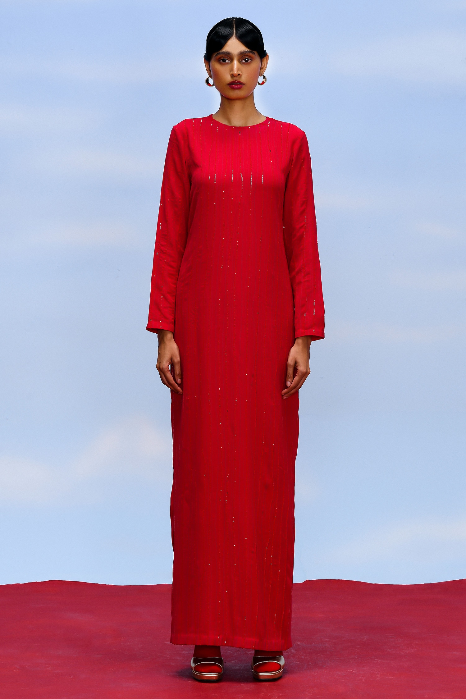 Buy Red Silk Crepe Hand Embroidery Sequin Round Crimson Dress For Women ...