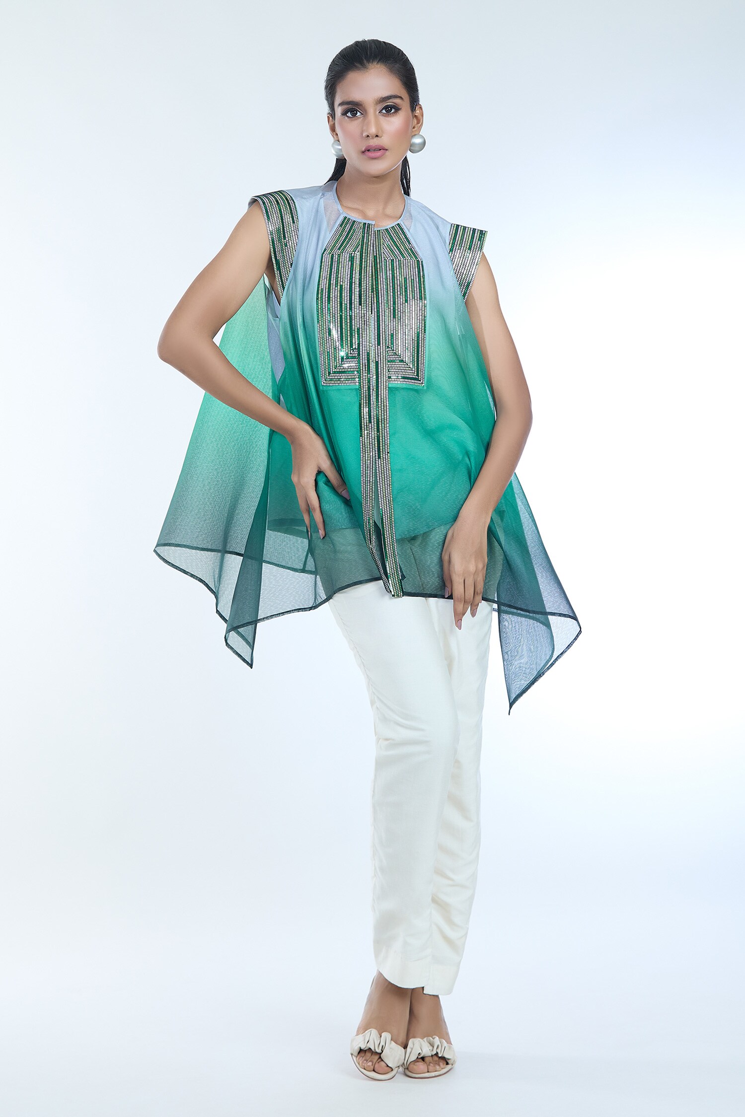 Buy Emerald Green Crepe Chiffon Embellished Metallic Round Ombre Top ...