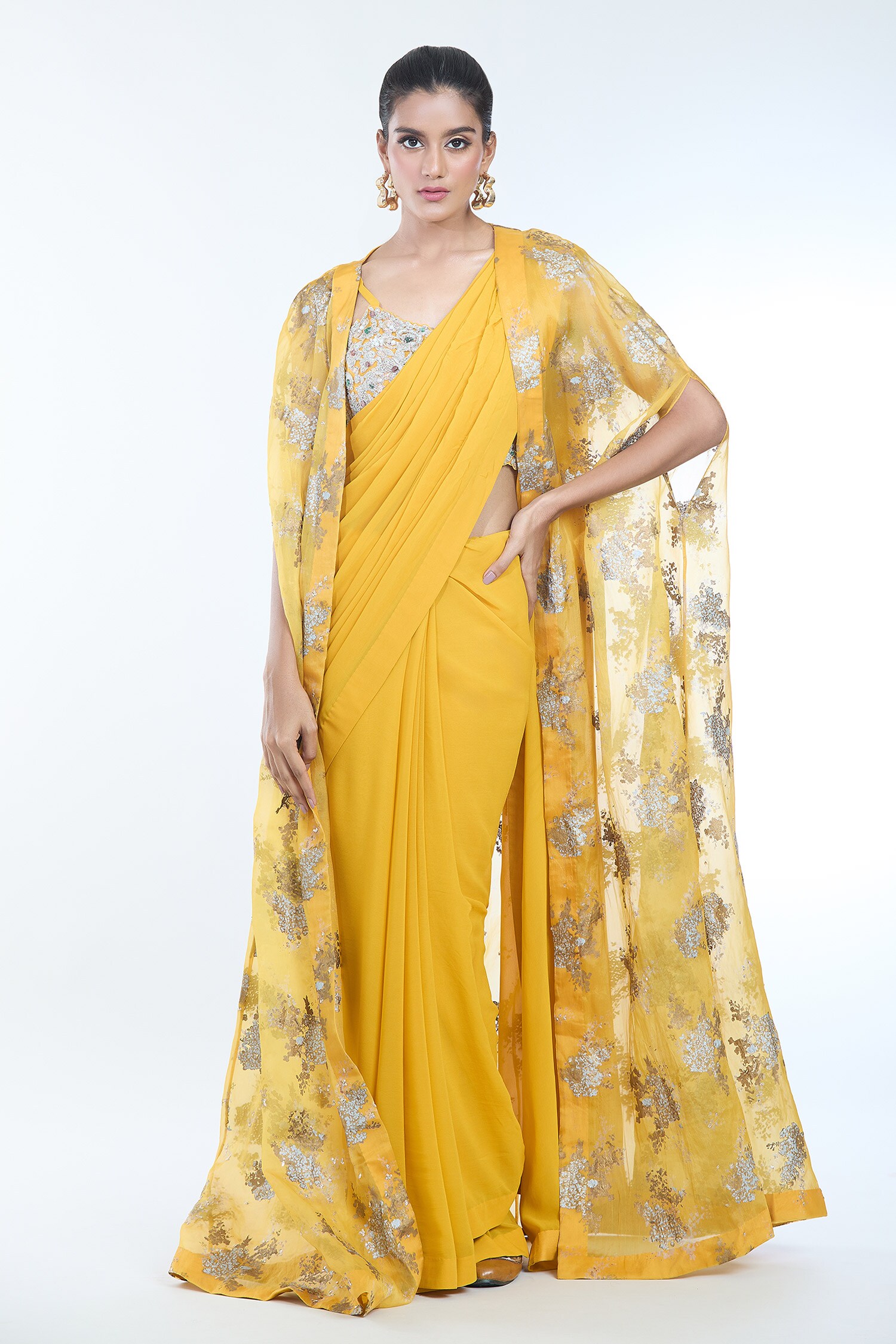Buy Yellow Georgette Printed Floral Sweetheart Sylvia Cape And Saree ...