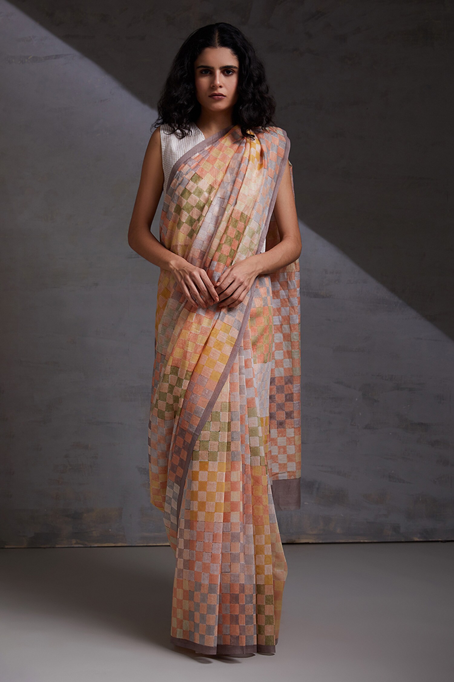 Buy Multi Color Silk Chanderi Hand Block Print Checks Saree For Women ...