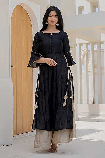 Buy Black Chiffon Crepe Plain Round Panelled Kurta With Pant For Women ...