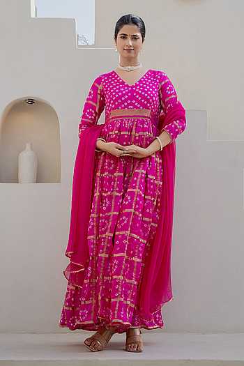 Buy Pink Banarasi Silk Bandhej V Neck Pattern Anarkali With Dupatta For ...