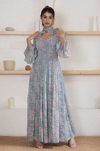 Buy Blue Chiffon Printed Floral Vine Band Collar Dress For Women by ...