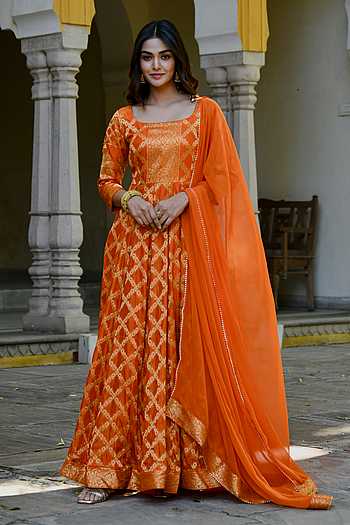 Buy Orange Banarasi Silk Woven Paisley Square Zari Anarkali With ...
