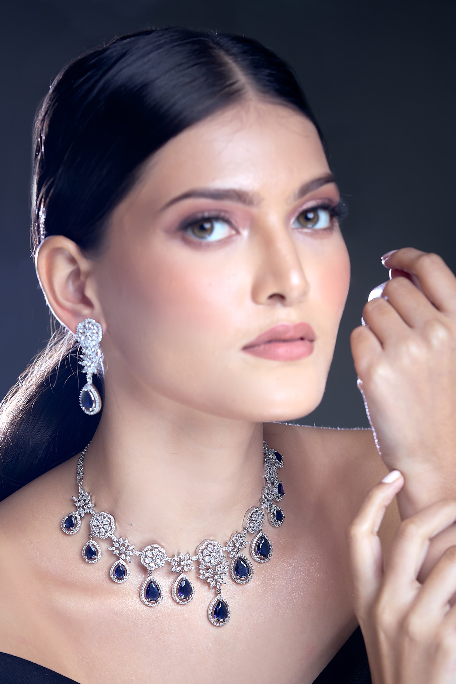 Buy Blue Sapphire Tear Drop Cutwork Embellished Necklace Set by Moh-Maya by Disha Khatri Online ...