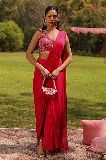 Buy Pink Chiffon Embroidered Floral V Neck Piyari Pre-draped Saree With ...