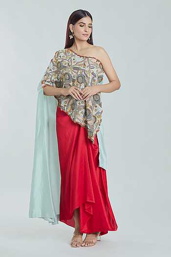 Buy Blue Embellished Beads One Shoulder Tunic And Skirt Set For Women ...