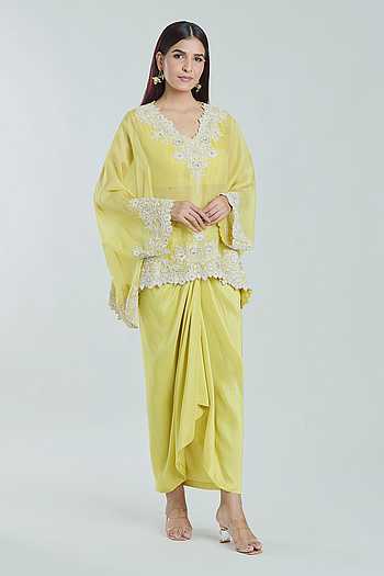 Buy Yellow Embroidered Floral Cutwork V Tunic And Draped Skirt Set For ...