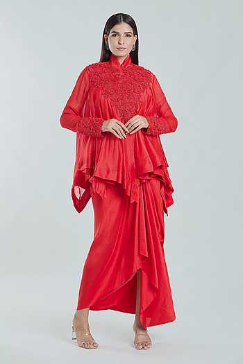 Buy Red Embroidered 3d Floral High Mandarin Collar Trapeze Tunic Skirt ...