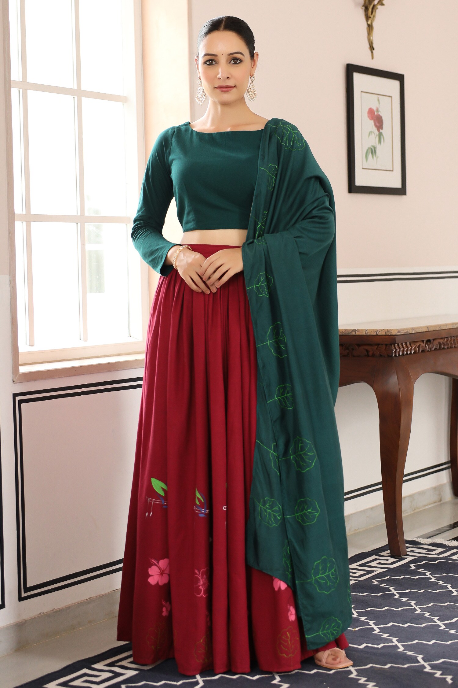 Buy Red Lehenga And Blouse Cotton Hand Painted Flute Boat Mala Set For ...