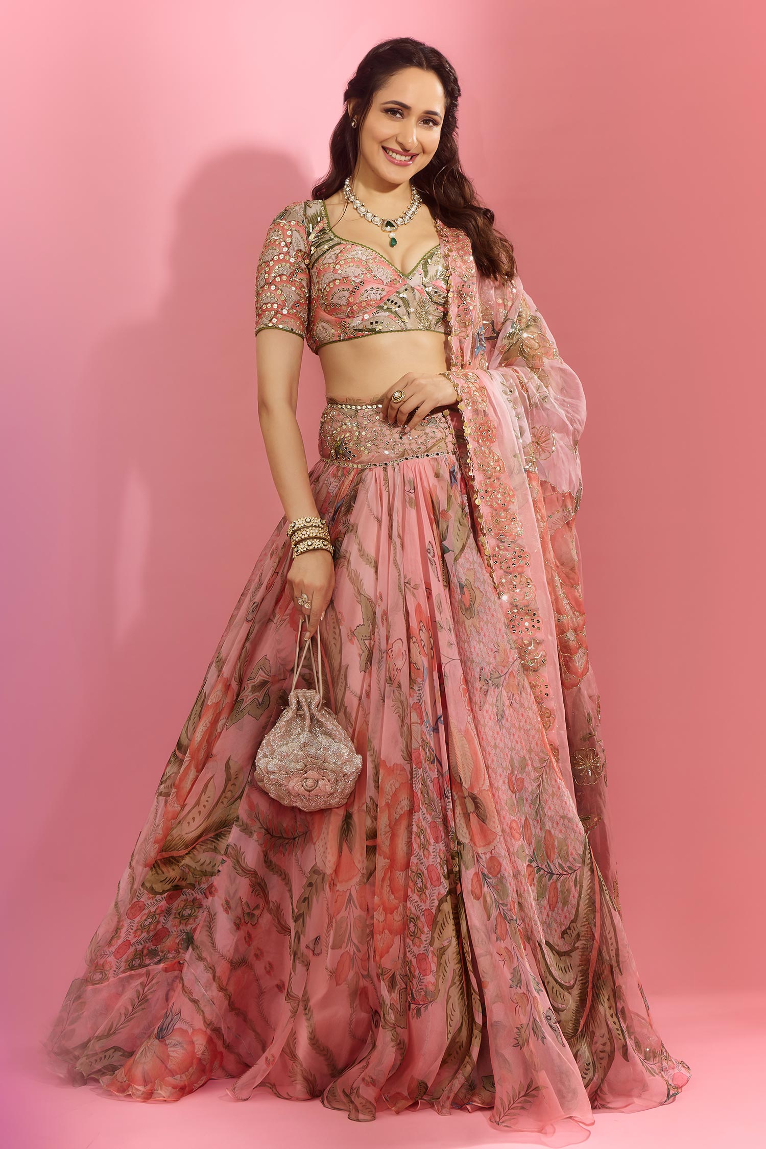 Buy Pink Raw Silk Print Floral Sweetheart Neck Pragya Garden Lehenga Set For Women by Mahima ...