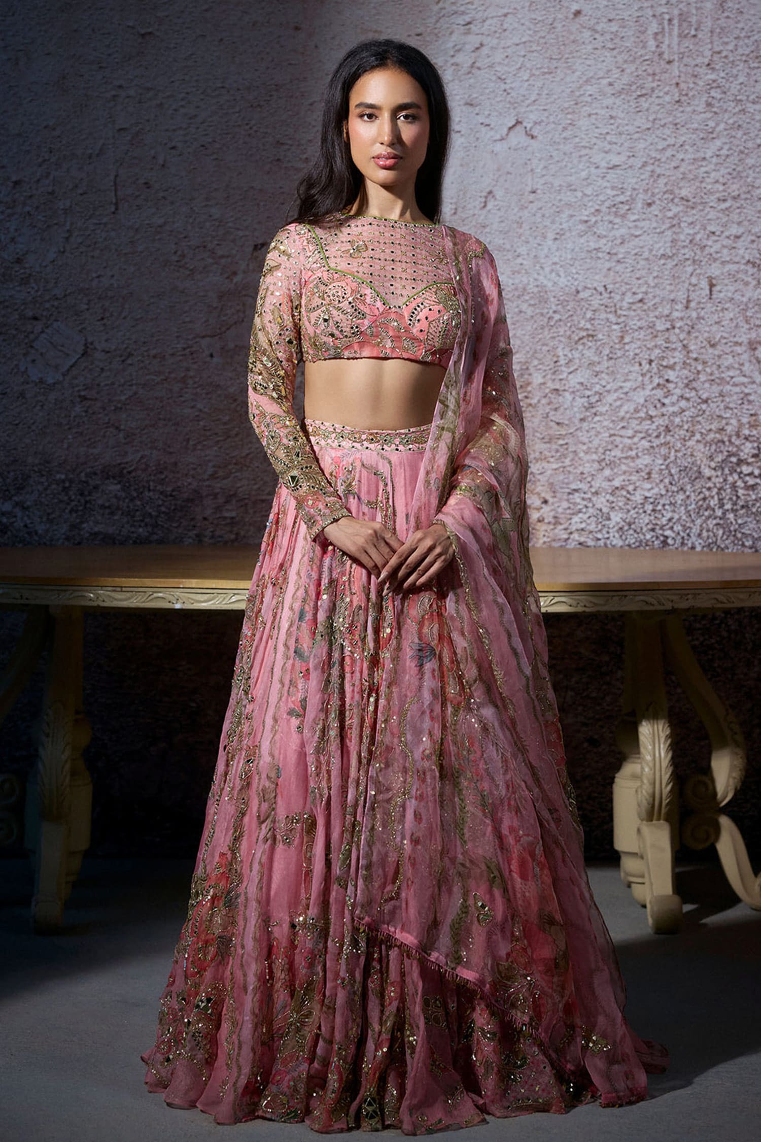 Buy Pink Organza Print Floral Zero Neck Radha Mirror Embroidered ...