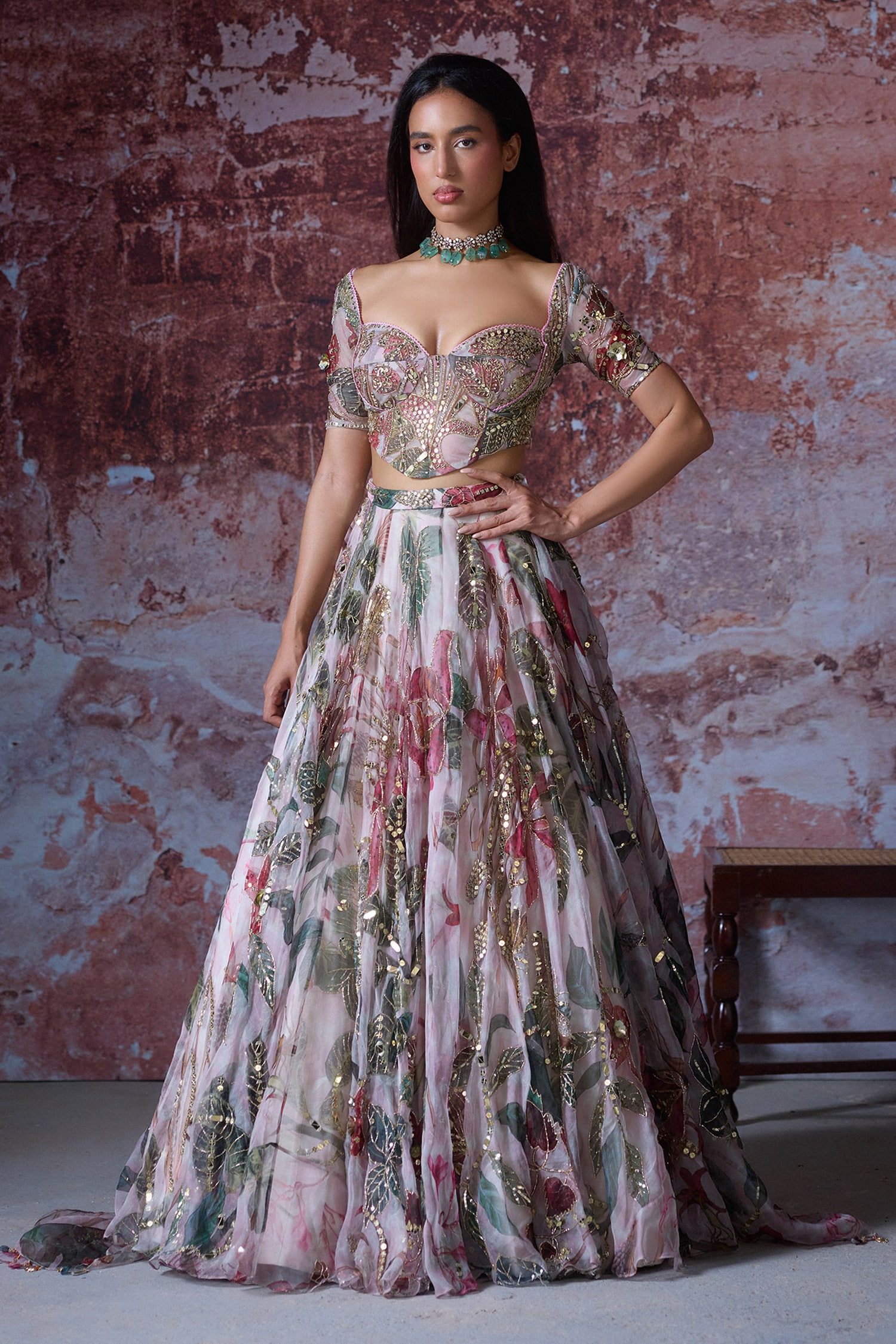 Buy Pink Organza Print Floral Ruhi Sequin Embroidered Bridal Lehenga And Corset Set For Women by ...