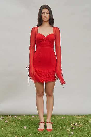 Buy Red 100% Viscose Chiffon Ruffle Sweetheart Knot Detailed Front ...