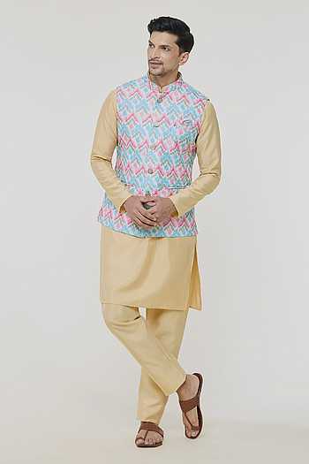 Buy Cream Silk Woven Jaal Chevron Pattern Nehru Jacket For Men by ...