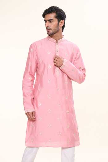 Buy Pink Silk Embroidery Persian Crest Kurta For Men by Arihant Rai ...