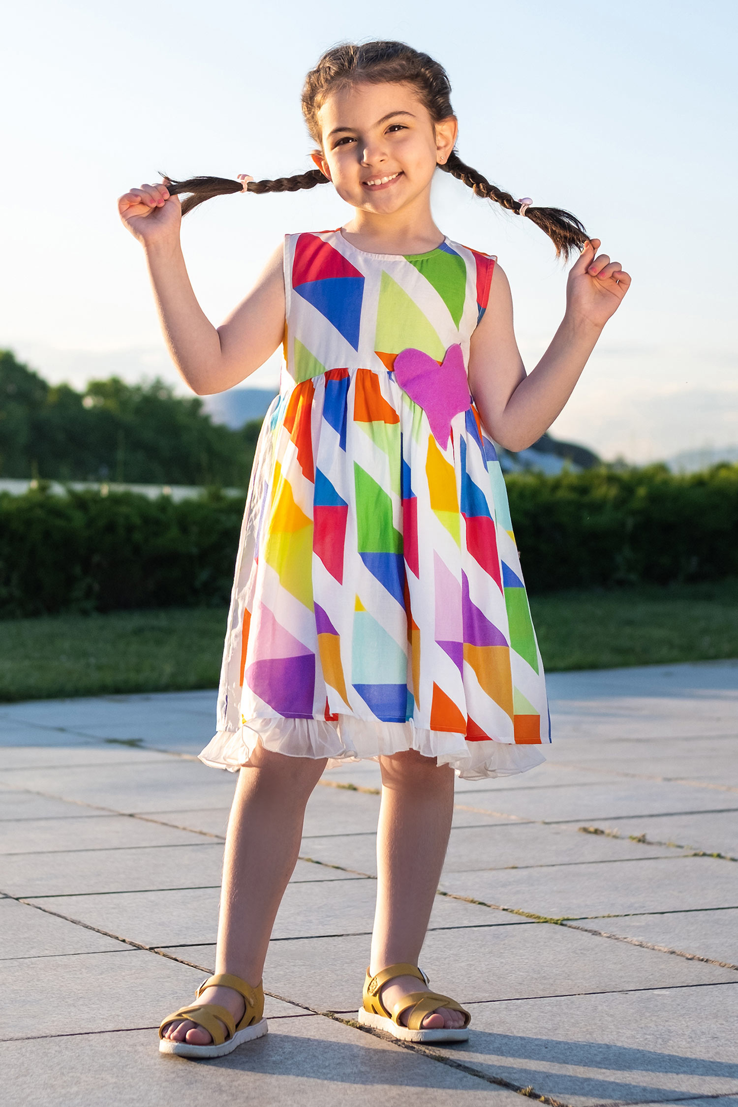 Buy Multi Color Cotton Silk Printed Triangle Dress For Girls by Anaario ...