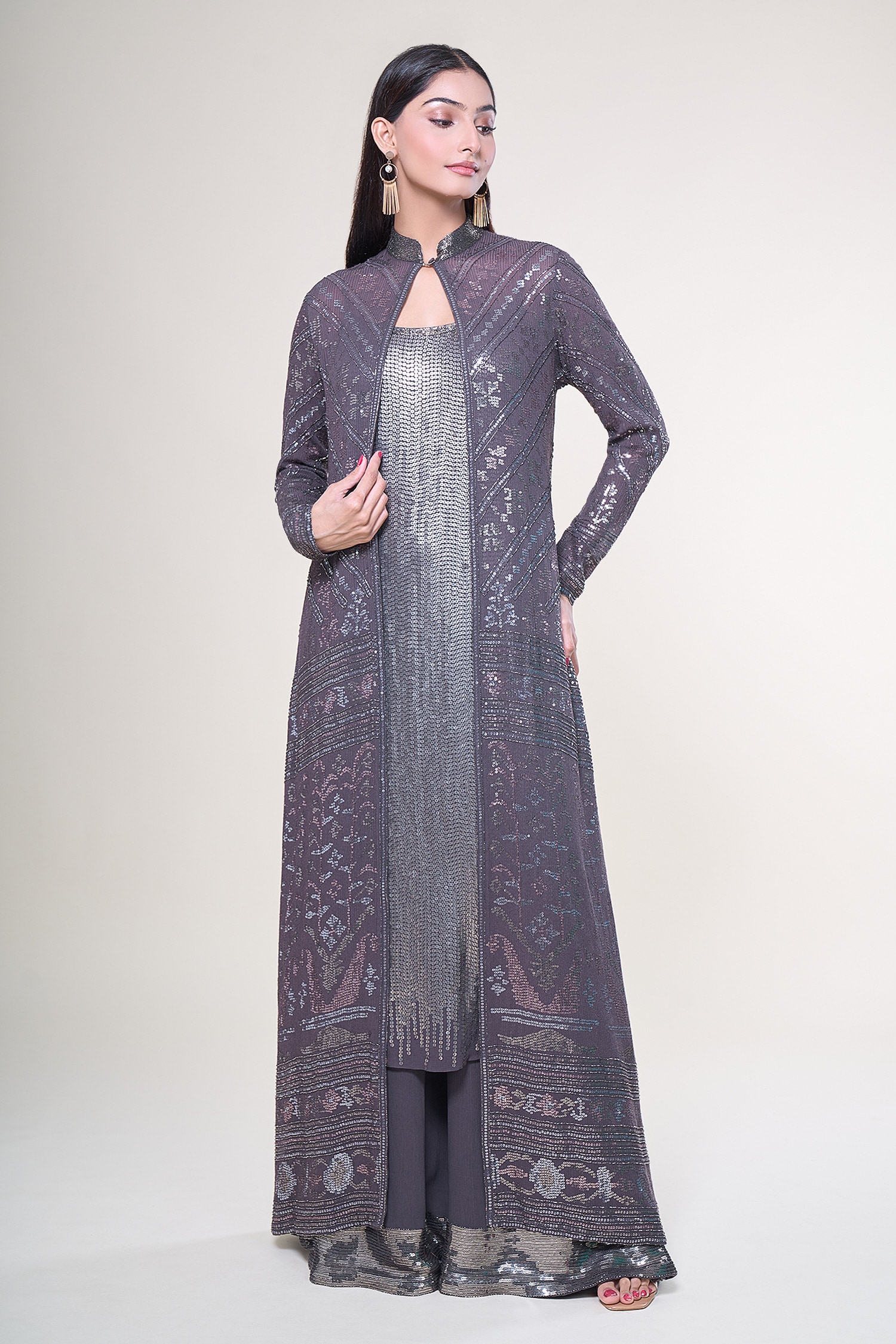 Buy Grey 100% Silk Chiffon Embroidered Sequins Jacket Mandarin Farshi ...