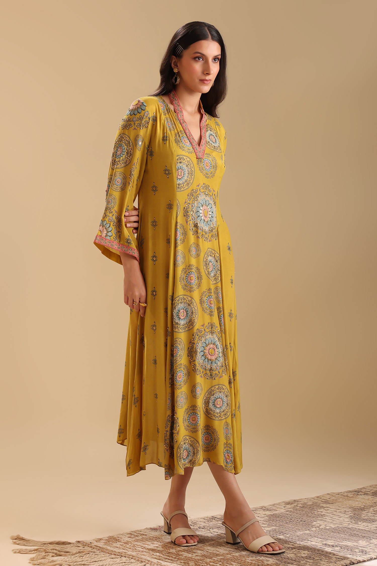 Buy Yellow Chanderi Printed Geometric V Neck Eraya Dress For Women by ...