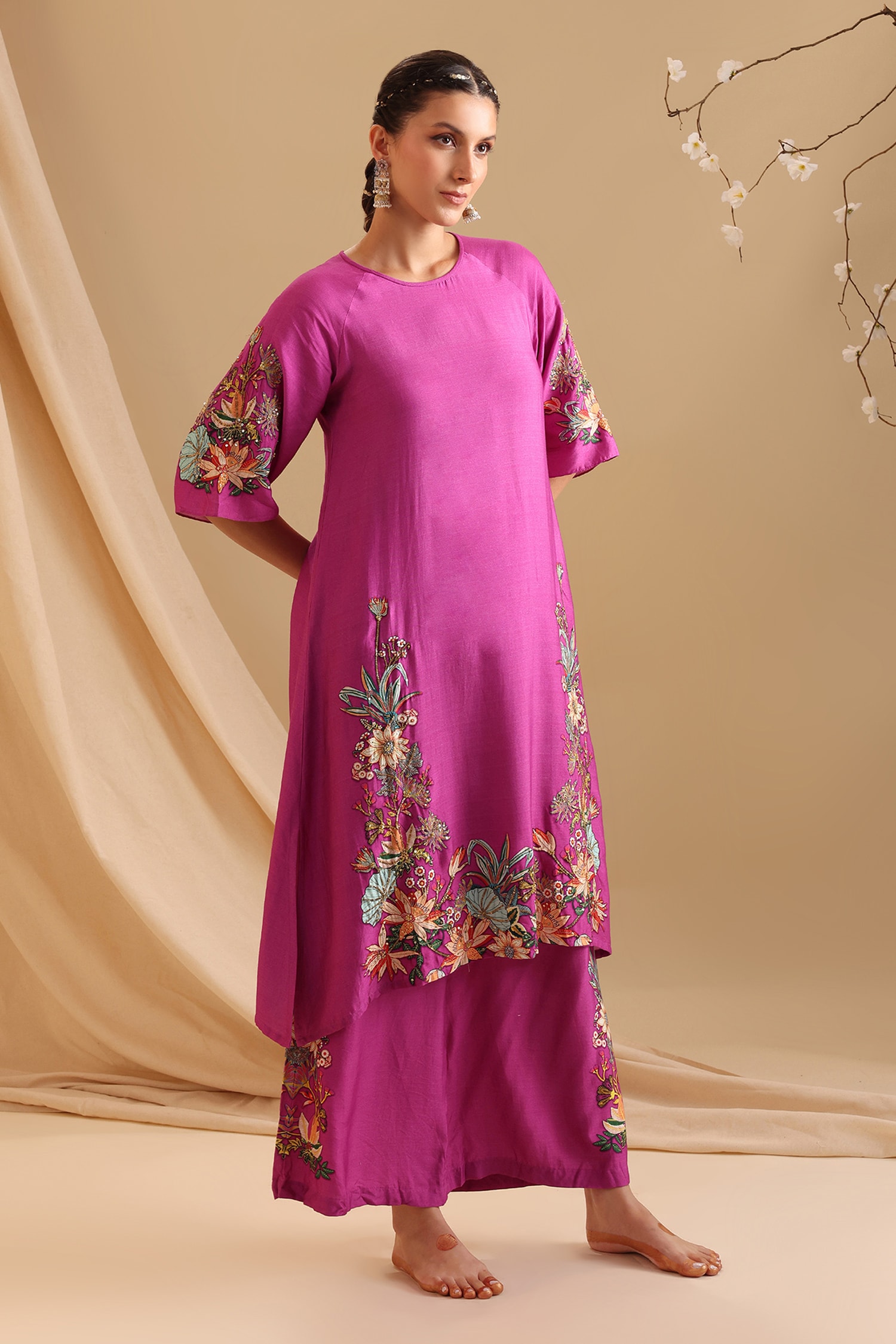 Buy Pink Chanderi Embroidery Floral Round Neck Aarani Kurta With Pant ...
