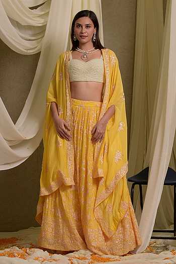 Buy Yellow Georgette Embroidered Gara Blouse Reyna Lehenga Set With ...