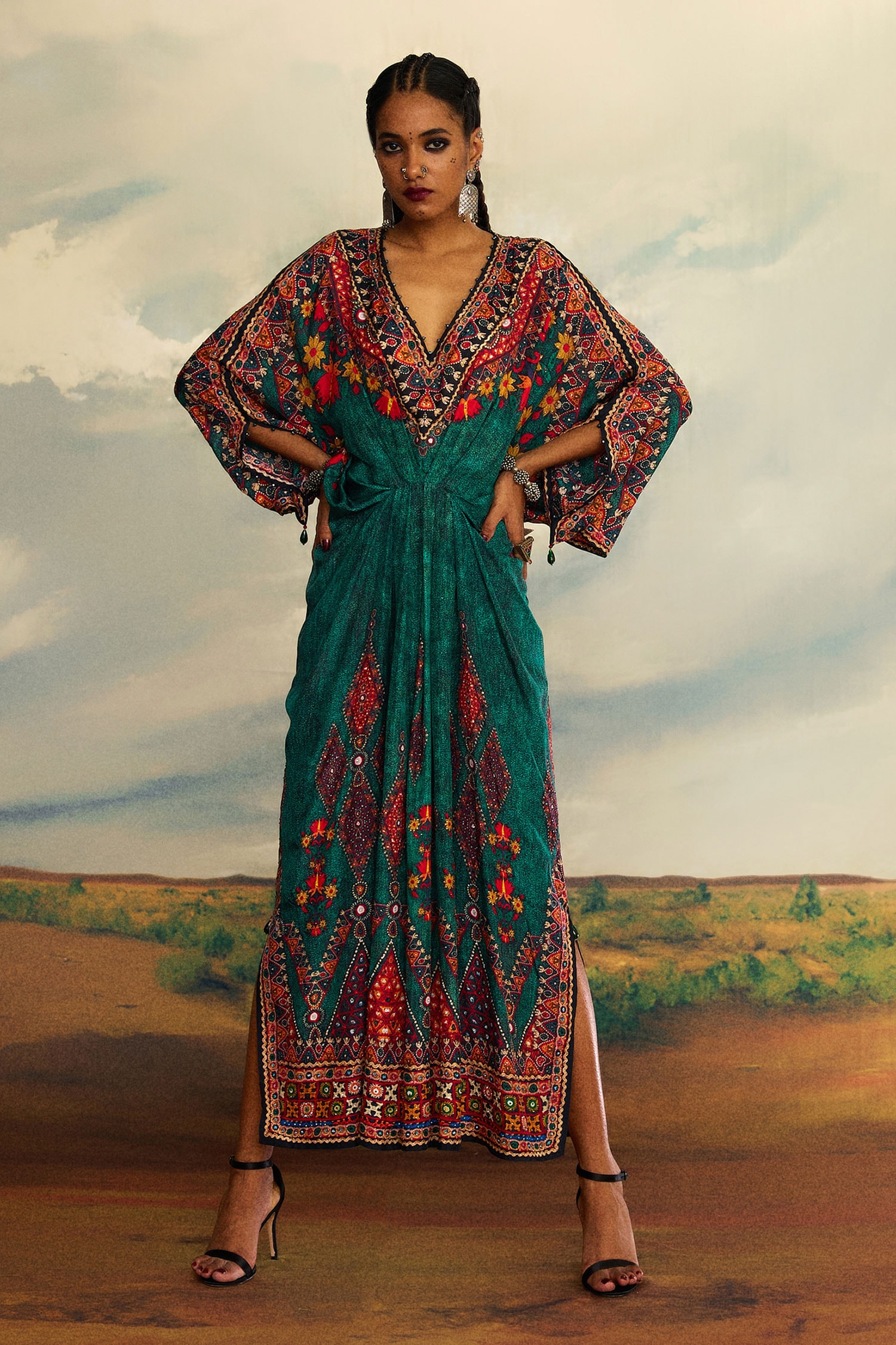 Buy Green Silk Print Maya Bloom V Neck Rasika And Embroidered Kaftan ...