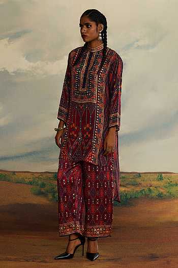 Buy Red Silk Printed Tribal Band High Low Kurta For Women by Rajdeep ...