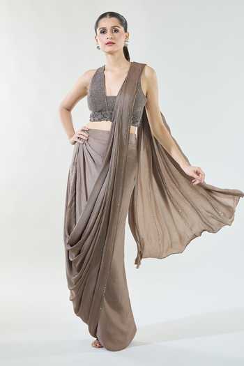 Buy Brown Chiffon Embroidered Sequin Blunt Detailed Hem Pre-draped ...