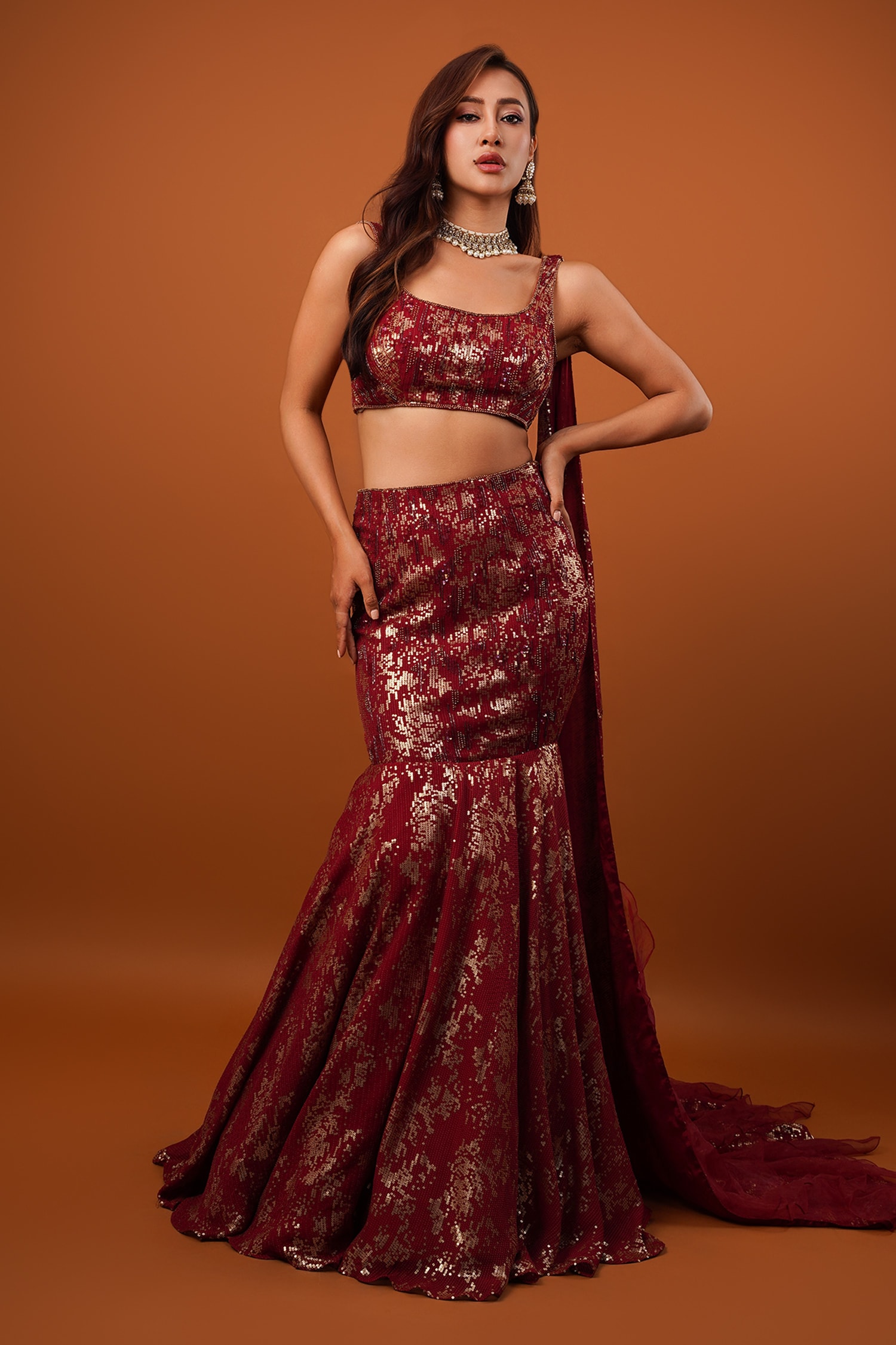 Buy Maroon Pure Georgette Lining Buttercrepe Astron Mermaid Lehenga Set ...
