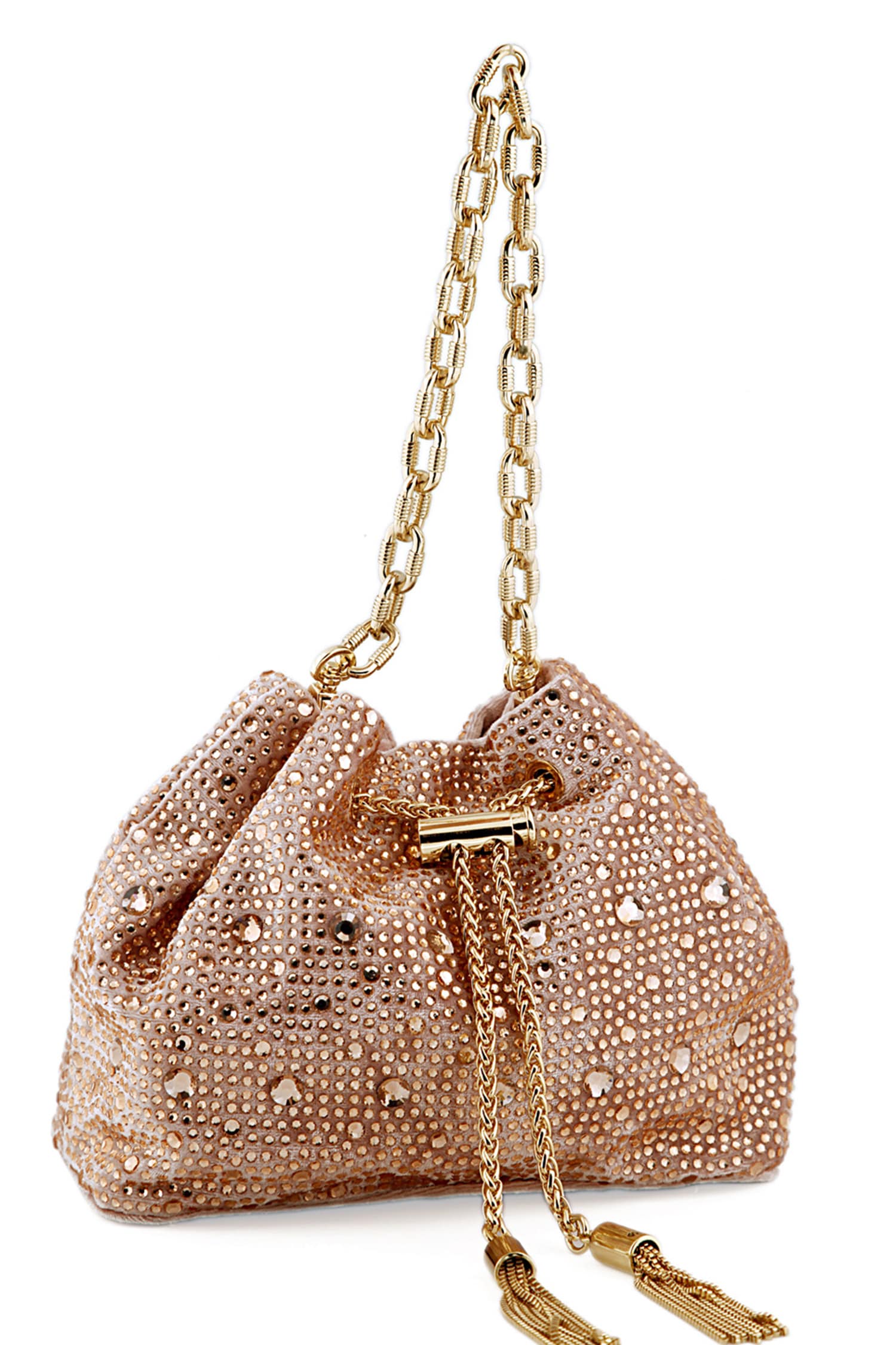 Buy Rose Gold Crystal Swarovski Stone Embellished Bucket Bag by House ...