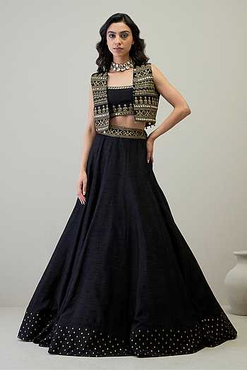 Buy Black Viscose Raw Silk Embroidered Mirror Kamini Lehenga Set With ...
