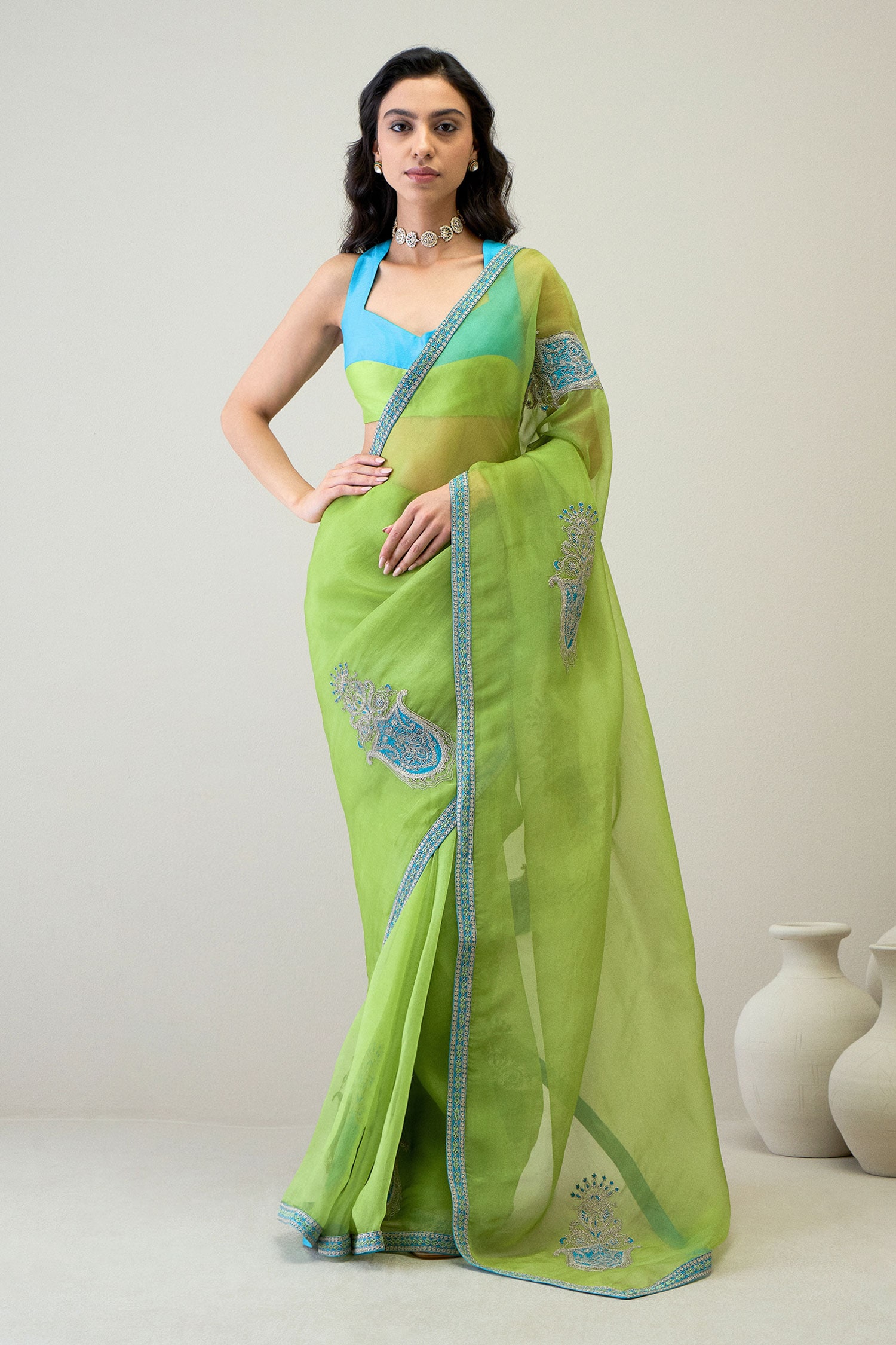 Buy Green Silk Organza Embroidered Zari Parver Saree With Unstitched ...