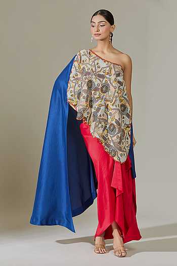 Buy Blue Embroidery One Shoulder Cape Skirt Set For Women by Anamika ...