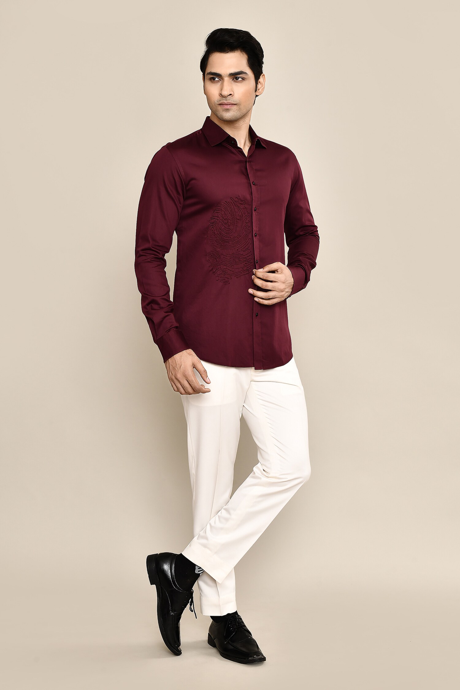 Buy Red Cotton Stretch Hand Embroidered Thread Shirt For Men by Arihant ...