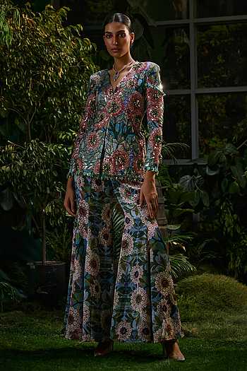 Buy Blue Freezy Twill Print Fiore Crystal V Mirror Embroidered Jacket ...