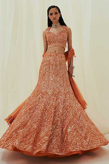 Buy Orange Net Embroidered Sequin Sweetheart Sara Fish Cut Lehenga Set ...