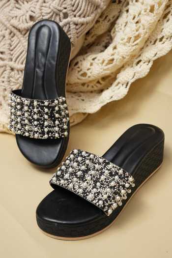 Buy Black Beads Pearl And Encrusted Slip On Wedges by Jutti Express ...