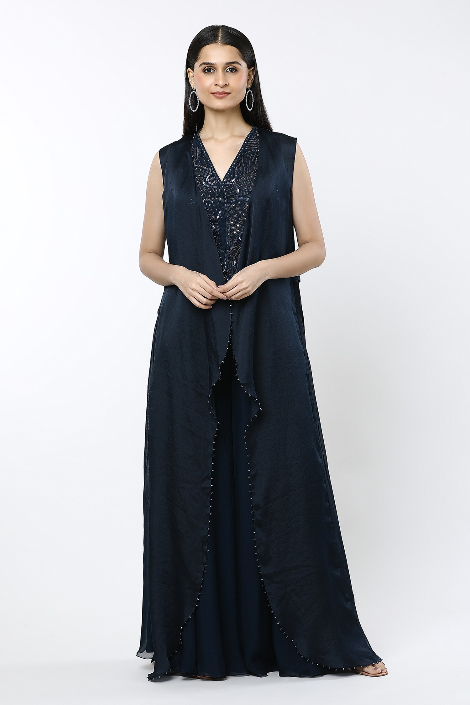 Buy Blue Embroidered Sea Coral V Neck Curved Jacket Sharara Set For ...