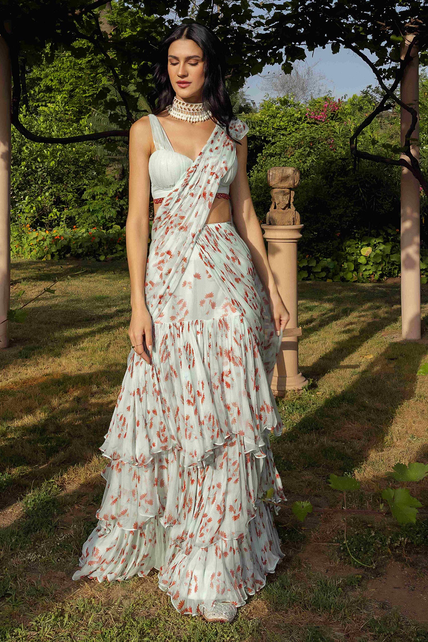 Buy Blue Pre-draped Ruffle Saree Chiffon Print Asmira Tiered With ...