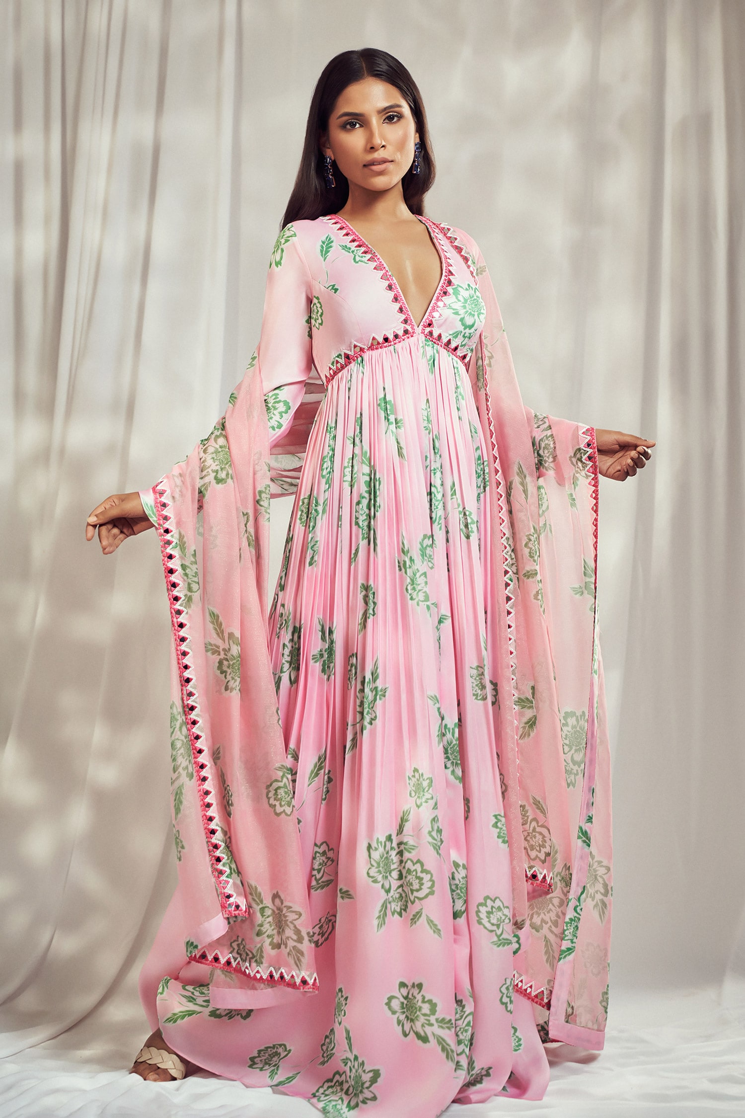 Buy Pink Georgette Satin Print Phool Plunging V Mirror Work Anarkali ...
