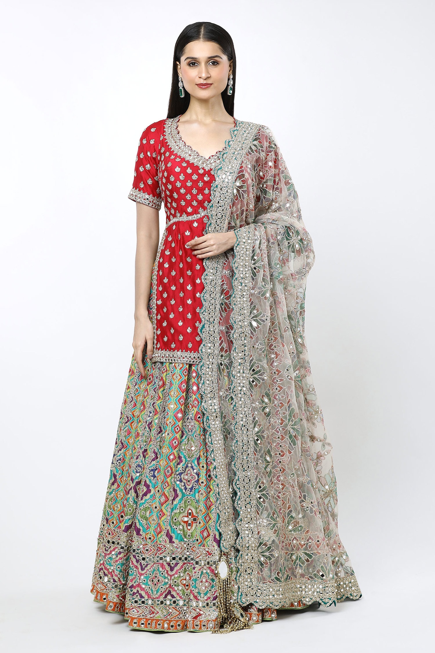 Buy Multi Color Embroidered Zardozi Leaf Begum Lehenga Kurta Set For ...