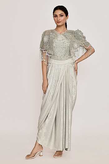 Buy Ivory Foil Fabric Embroidered Floral Round Cape Skirt Set For Women ...