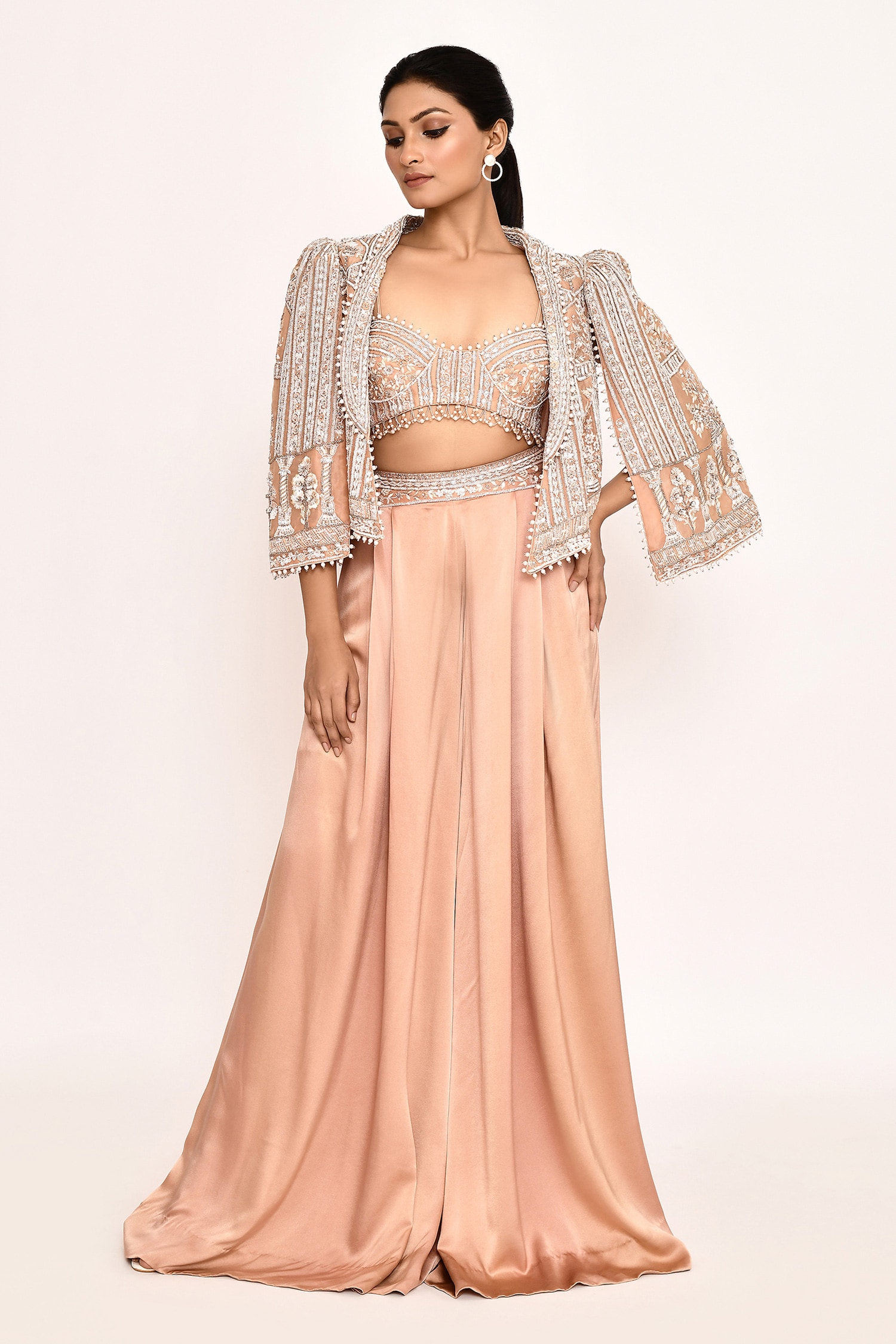 Buy Peach Embroidered Floral Jacket Lapel Sharara Set For Women by ...