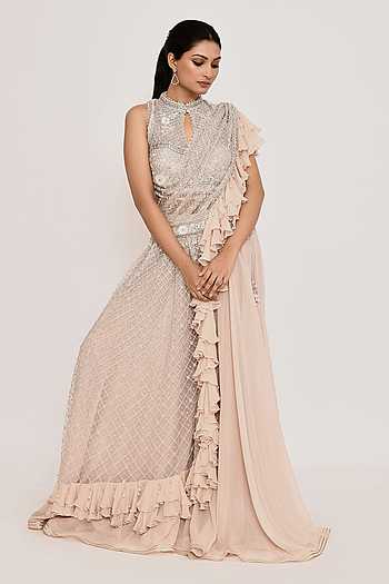 Buy Peach Embroidered Jaal Band Neck Sharara Set With Draped Skirt For ...