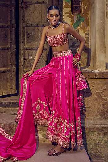 Buy Pink Sharara And Bustier Silk Embroidery Gota Square Neck Kumari ...
