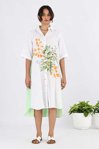 Buy Green 100% Linen Printed Floral Collar Pleated Shirt Dress For ...