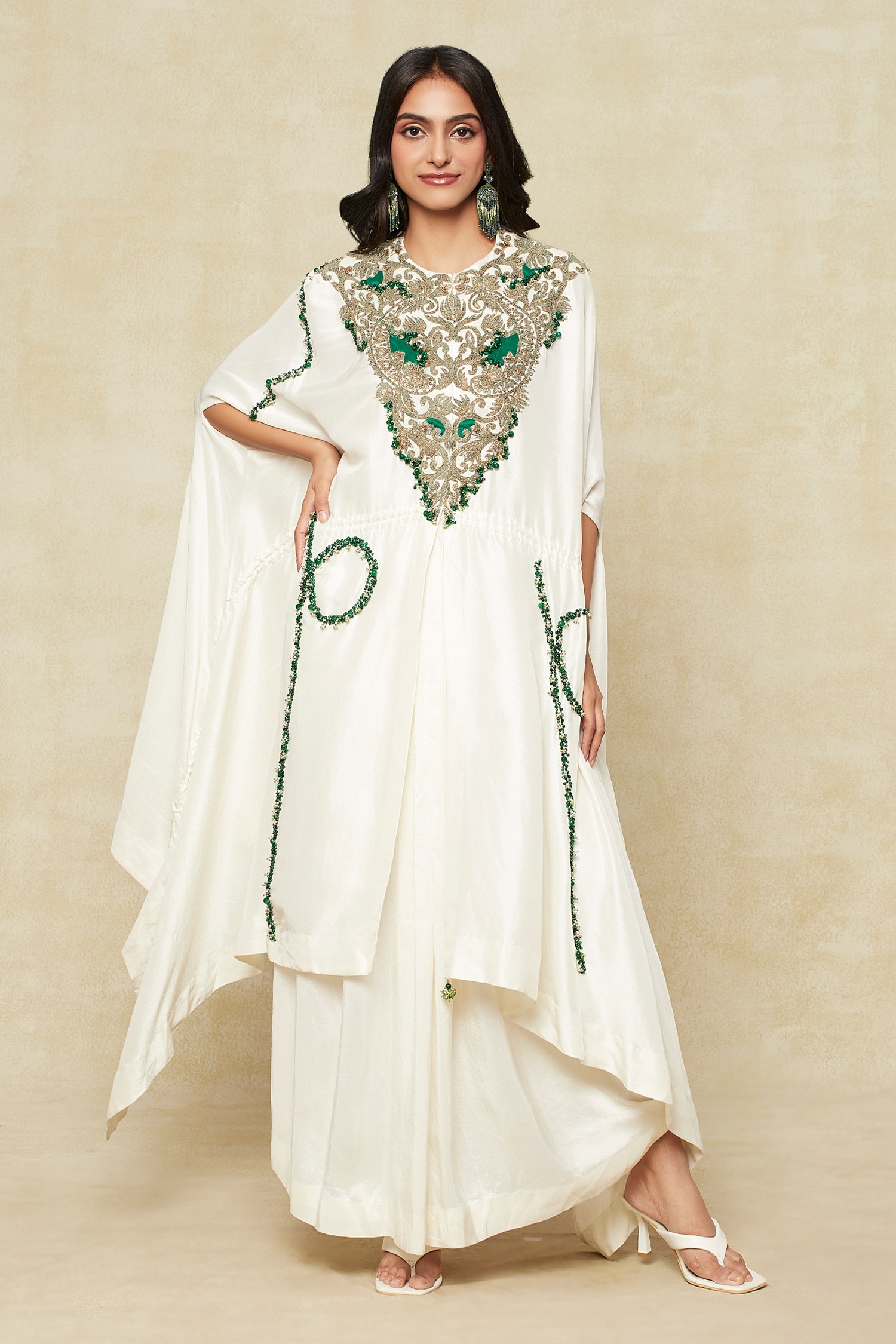 Buy Off White Embroidered Cords Round Cape And Draped Skirt Set For ...