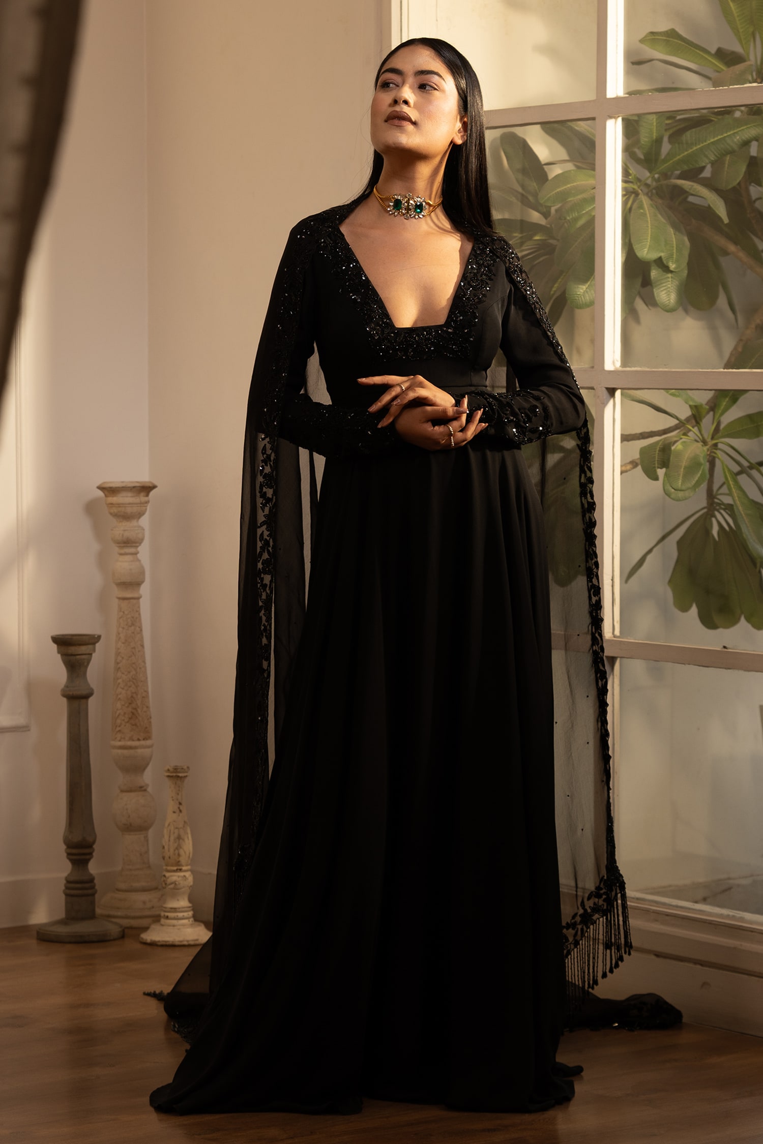 Buy Black Georgette Crepe Embroidered Sequins Midnight Majesty Gown ...