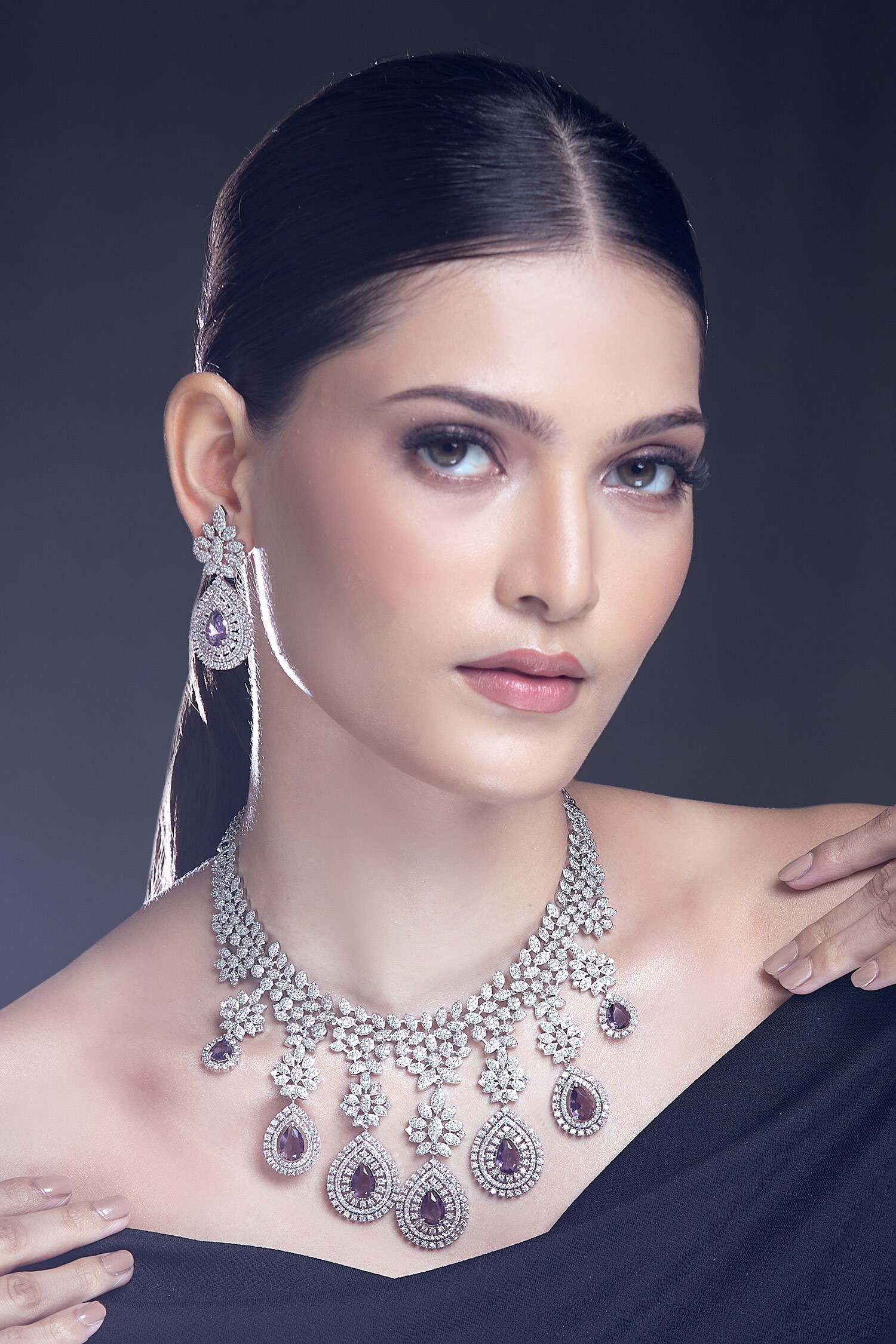 Buy Silver Plated Amethyst And Zircon Stone Tear Drop Cutwork Dangler Necklace Set by Moh-Maya ...