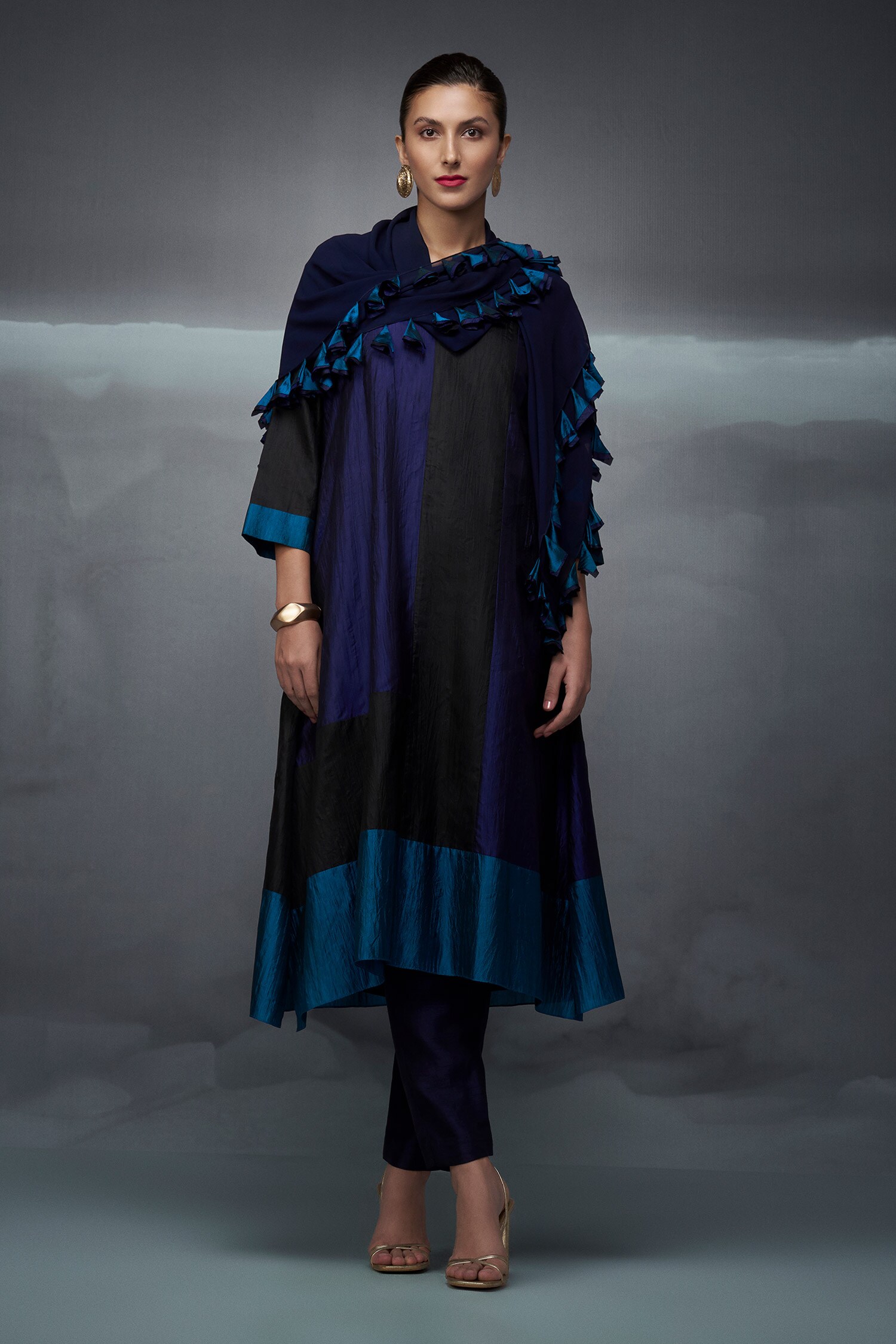 Buy Black Kurta Silk Notched Color Blocked Palazzo Set For Women by ...